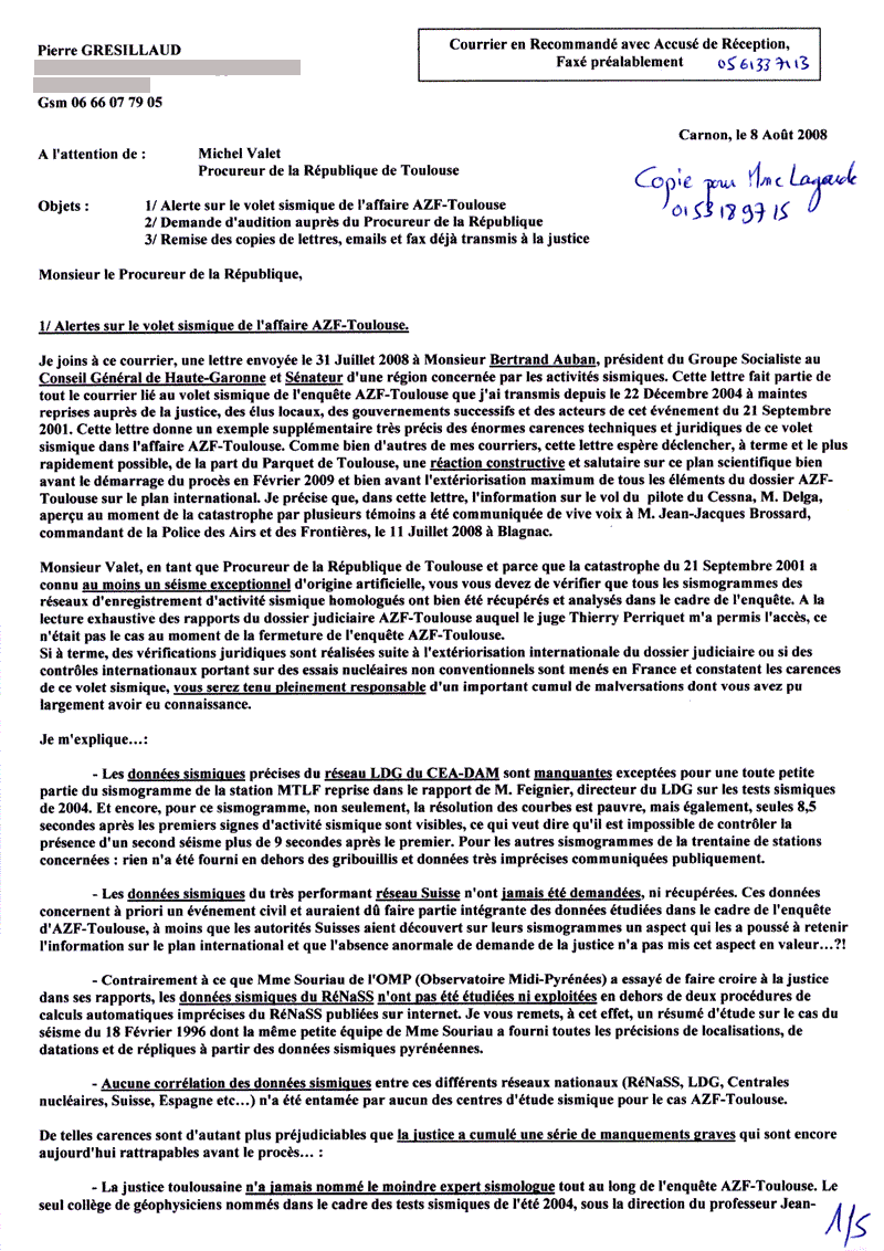 DOC 1 > Lettre d'alerte du 8 août 2008 au Procureur de la République de Toulouse Michel Valet (6 ...